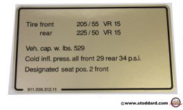 91100651211W Vehicle Capacities and Tire Decal for 911 Weissach Edition ...